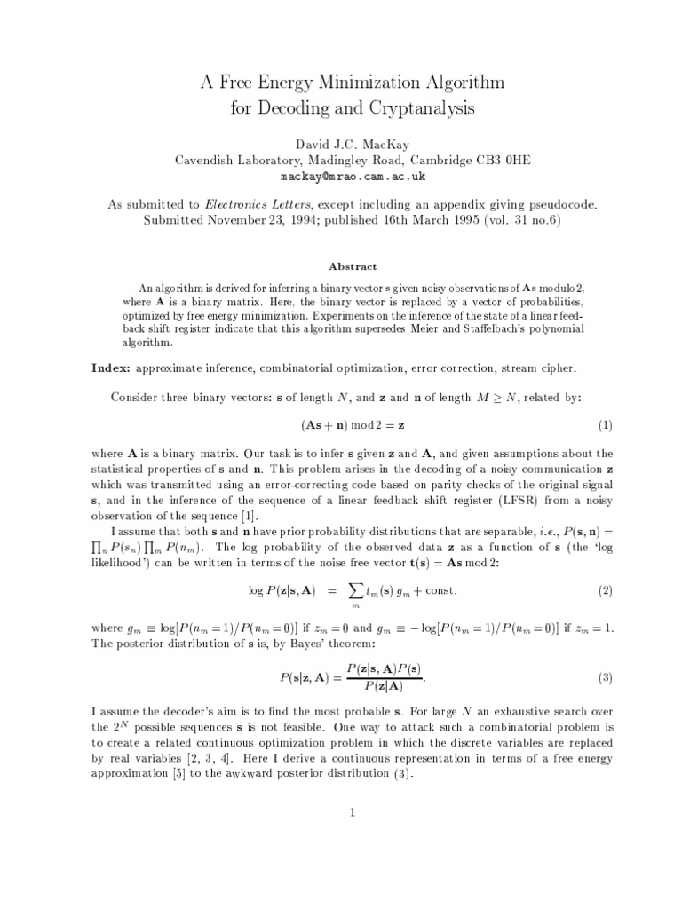 A Free Energy Minimization Algorithm For Decoding and Cryptoanalysis | PDF