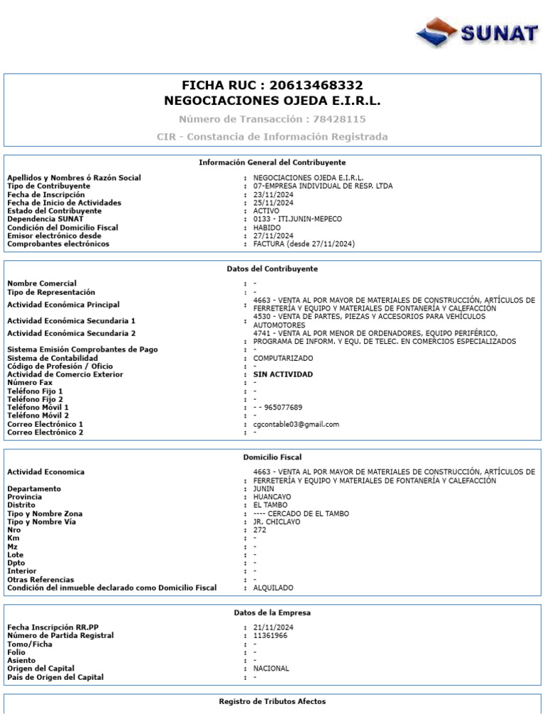 RUC 20613468332: Negociaciones Ojeda E.I.R.L. | PDF