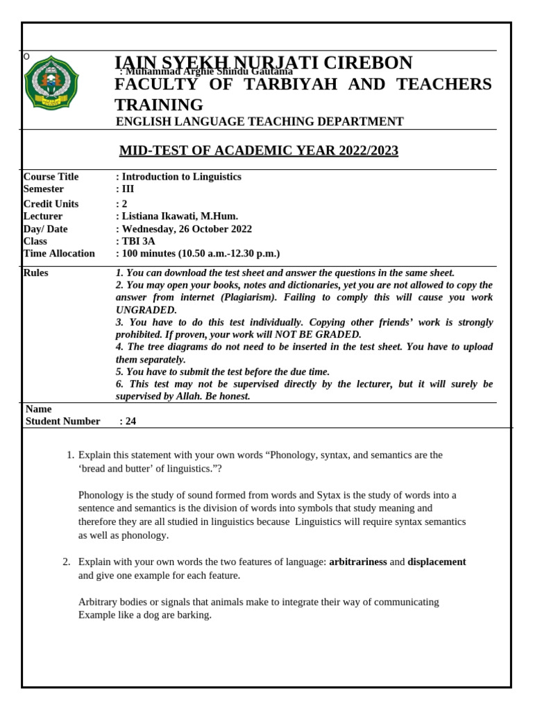 UTS Introduction to Linguistics_TBI 3A_2022-2023 | PDF | Word | Phonetics
