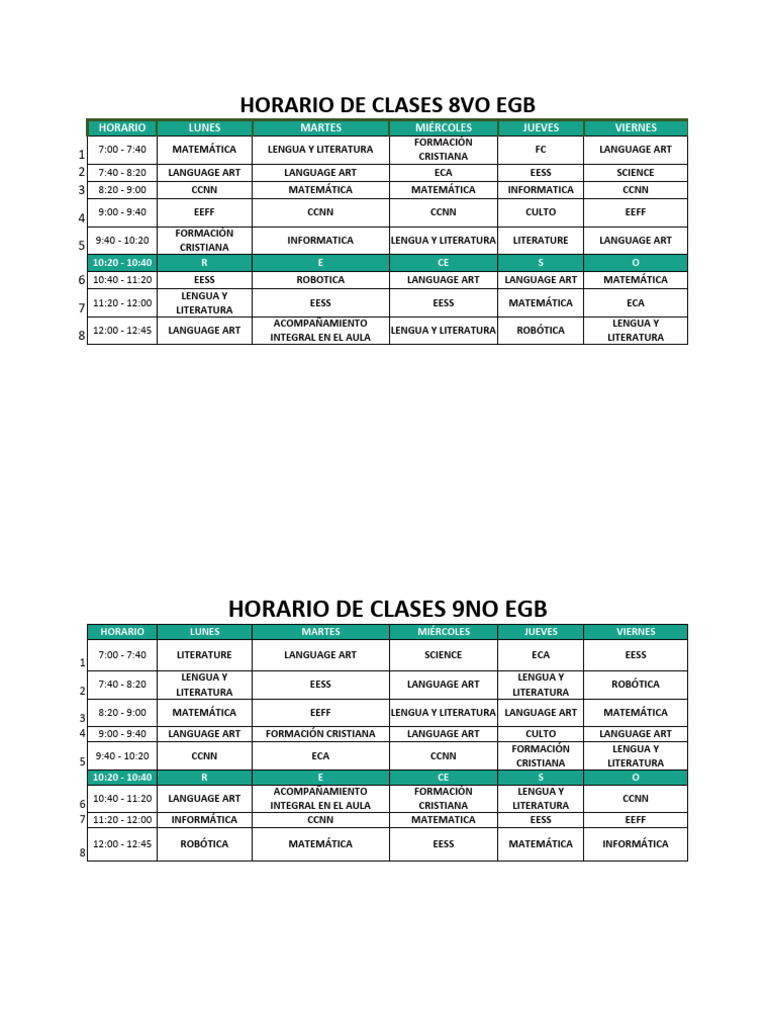 Horarios de Clases 8vo Egb A 2do Bgu | PDF