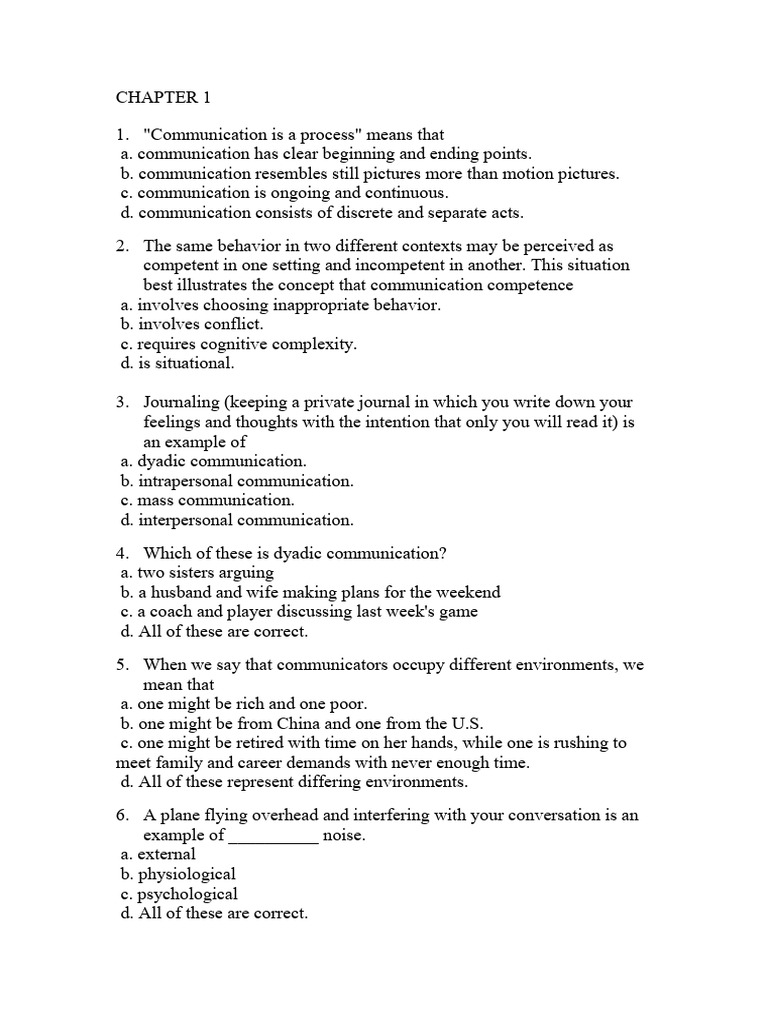 Comm Studies Quiz Adler and Rodman | PDF | Communication | Nonverbal ...