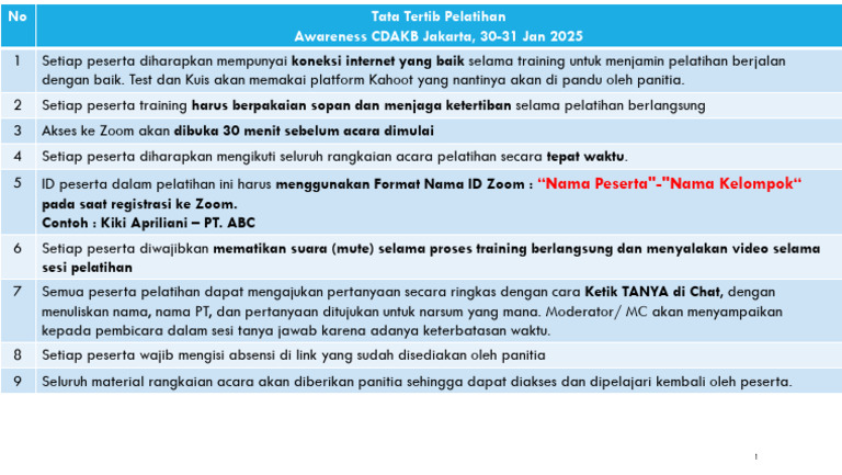 Tata tertib Awareness Training CDAKB Jakarta 30-31 Jan 2025 | PDF