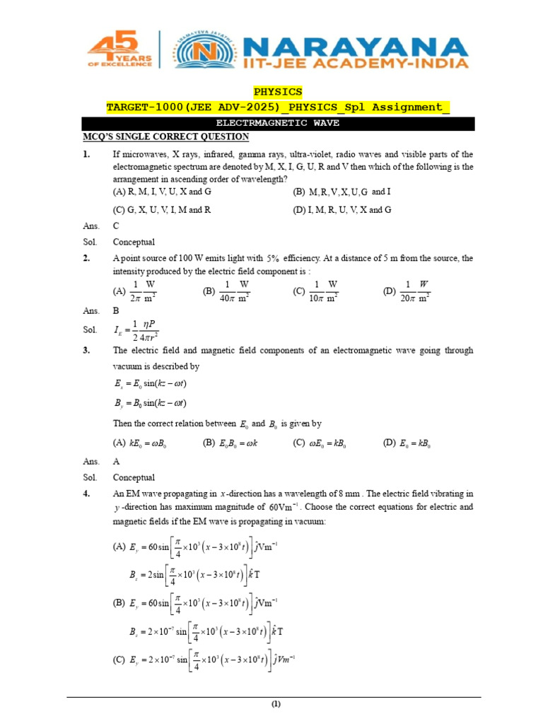 TARGET-1000 (JEE ADV-2025) - PHYSICS - SPL Assignment - EM Waves | PDF | Electromagnetic ...