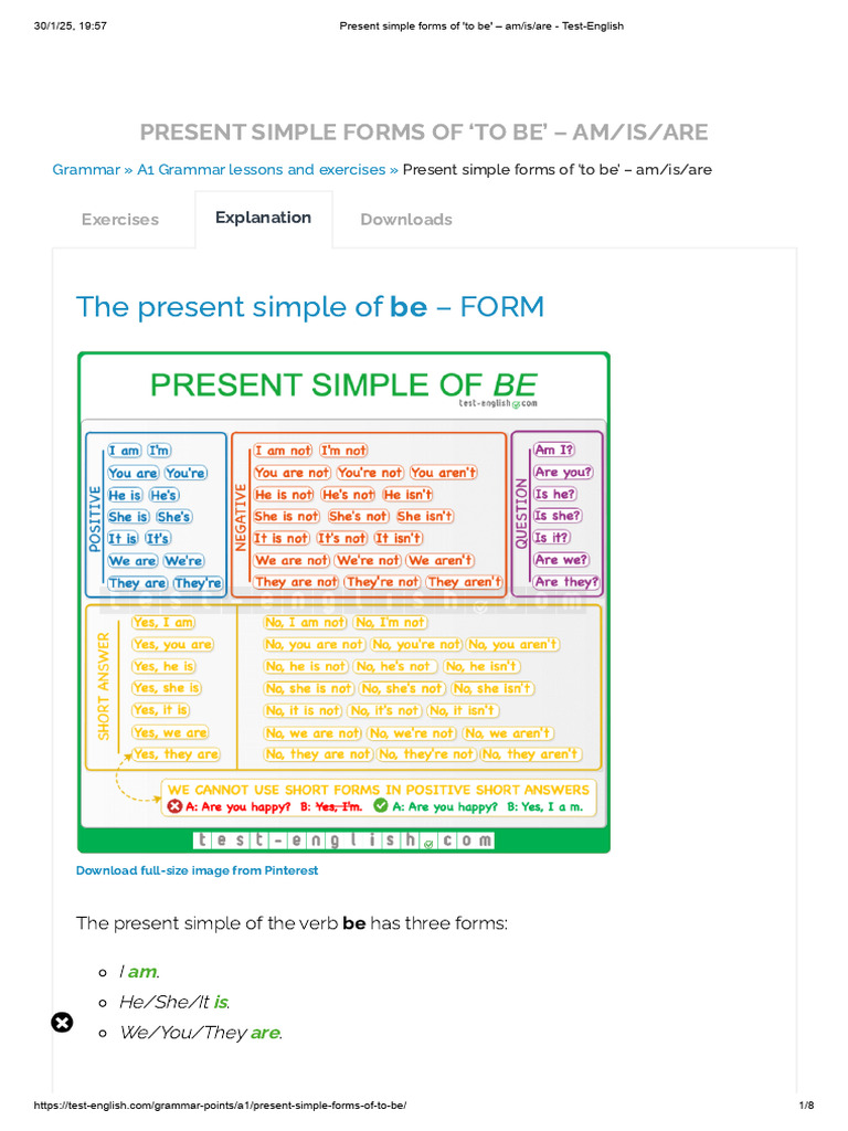 Present Simple Forms of 'To Be' - Am - Is - Are - Test-English | PDF ...