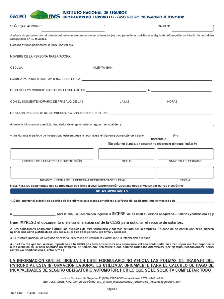 Formulario Información Del Patrono Caso Seguro Obligatorio Automotor | PDF | Salario
