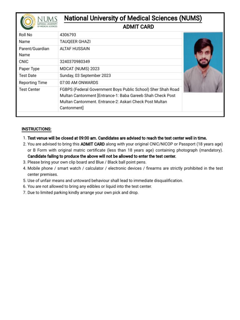 Nums Admit Card | PDF