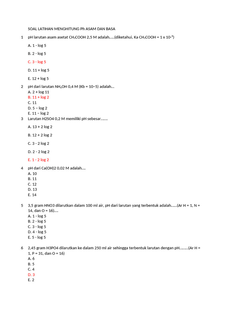 Soal Latihan Menghitung PH Asam Dan Basa | PDF