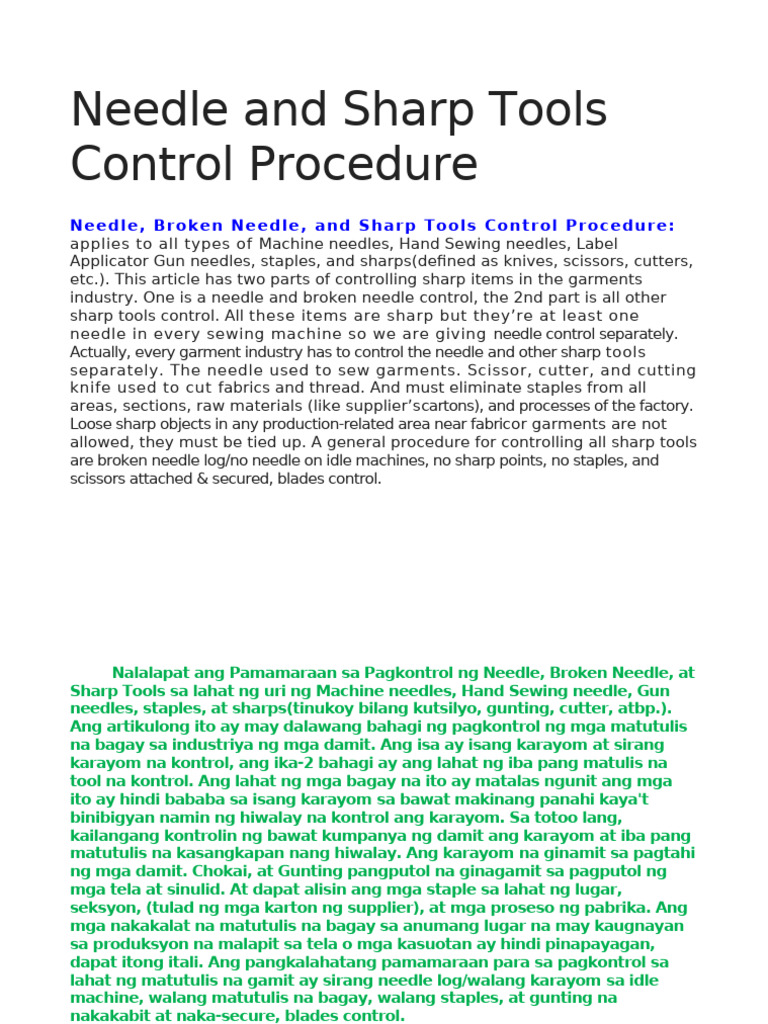 Needle, Broken Needle, and Sharp Tools Control Procedure | PDF