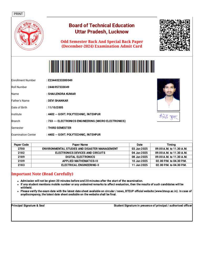 Bteup - Ac.in ESeva Student AdmitCard - Aspx EnrollNumber ...