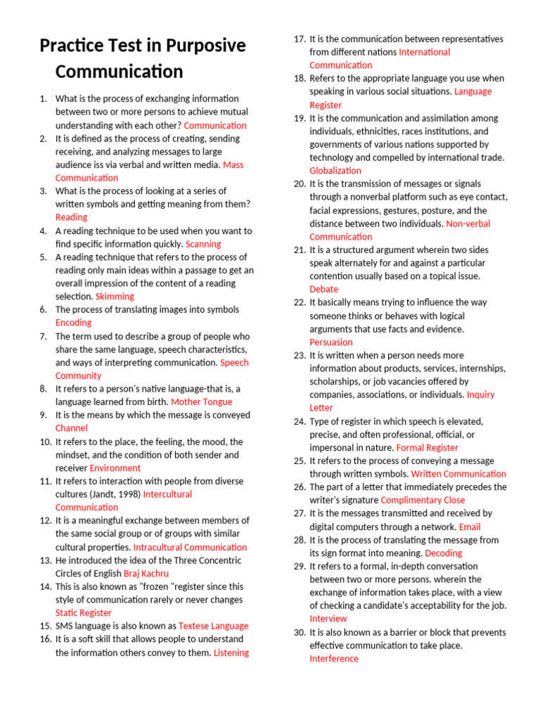 Purposive Communication Practice Test | PDF | Communication | Nonverbal ...