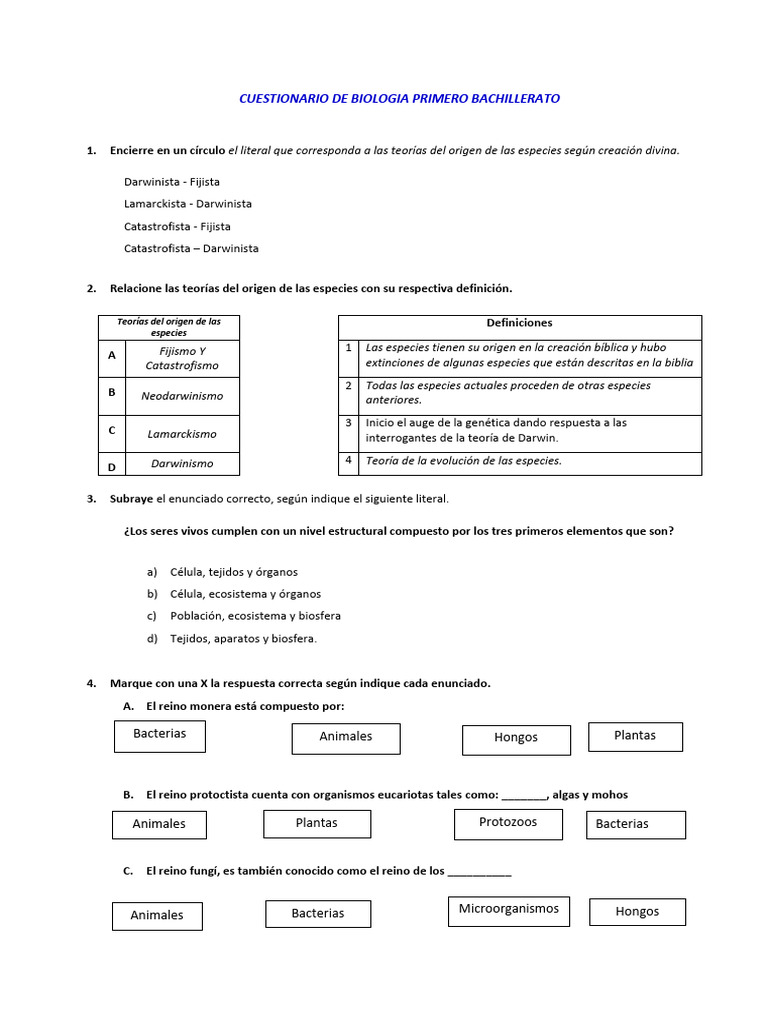 Cuestionario Biología 1º Bachillerato | PDF | Nucleo celular | Biología Celular)