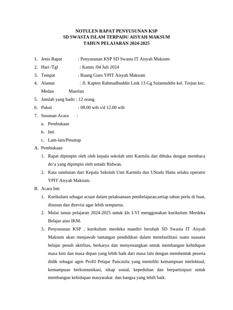 NOTULEN RAPAT PENYUSUNAN KSP T.P 2024-2025 | PDF