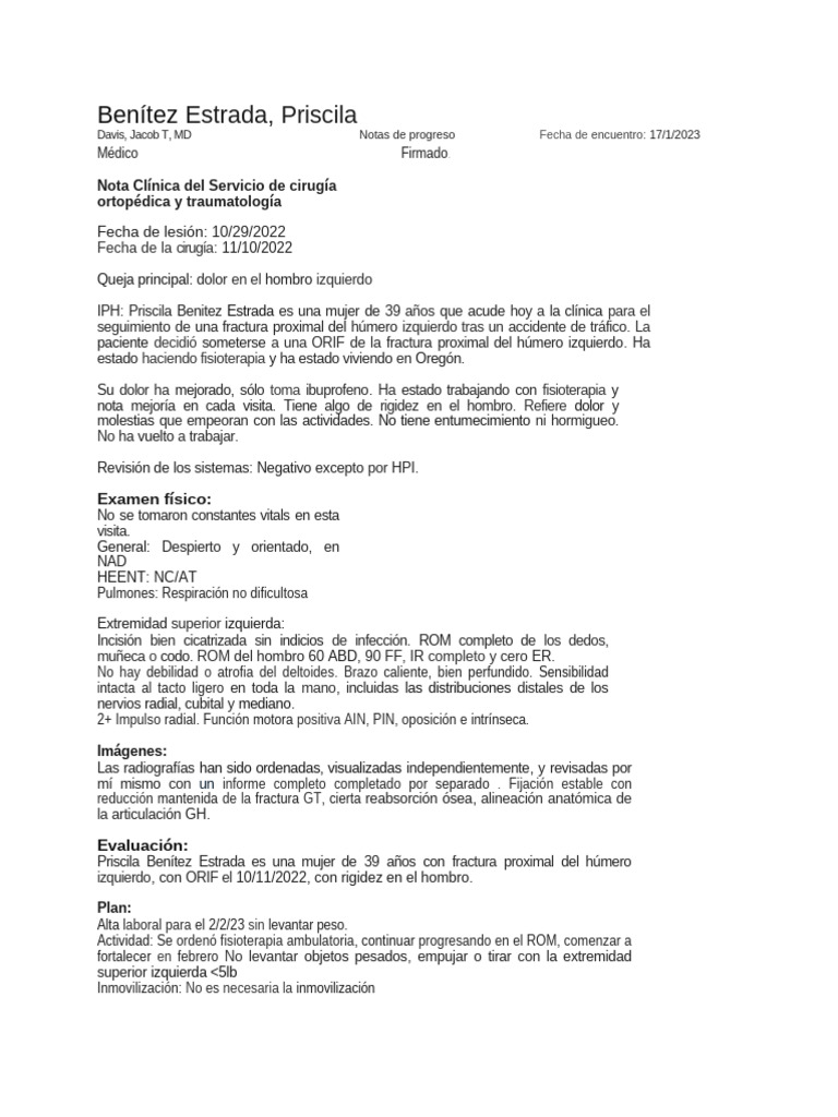 Seguimiento de Fractura de Húmero Izquierdo | PDF