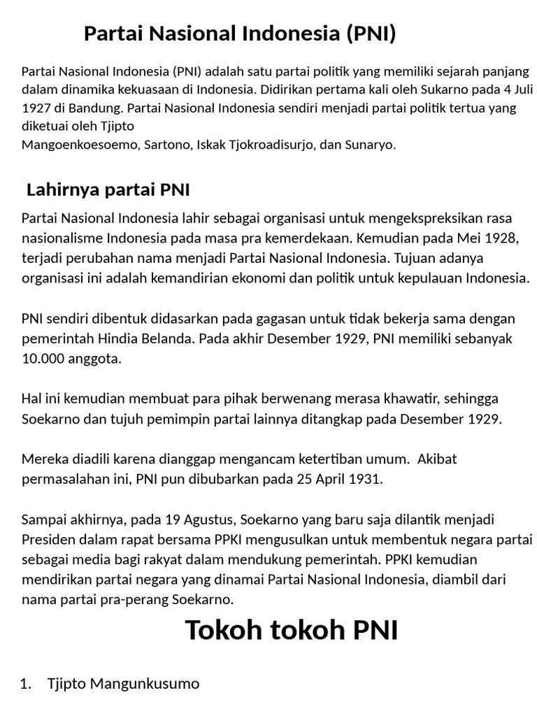 Sejarah dan Perkembangan PNI Indonesia | PDF