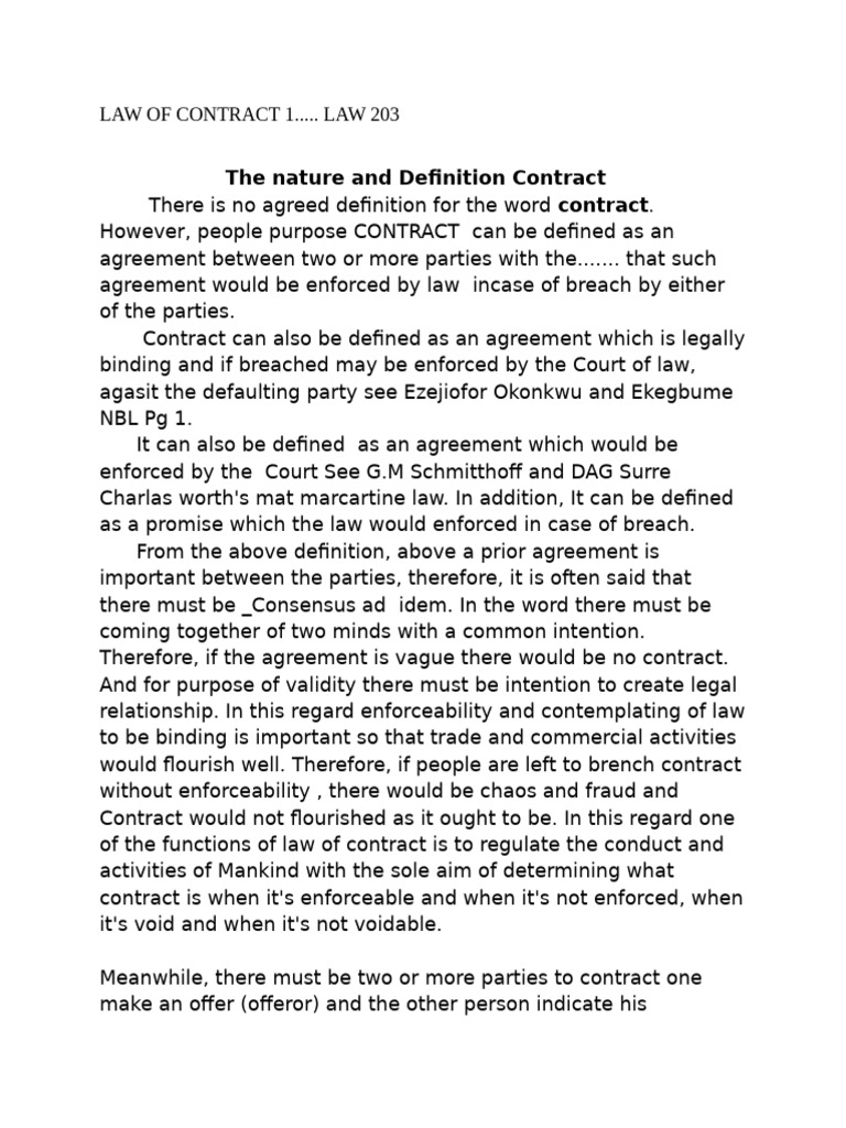 Law of Contract 1..... Law 203: The Nature and Definition Contract Contract | PDF | Offer And ...