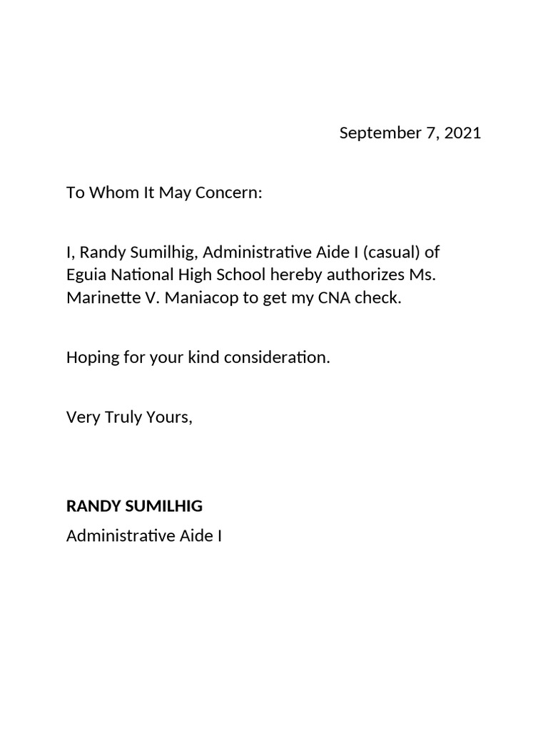 Authorization CNA Check Randy | PDF