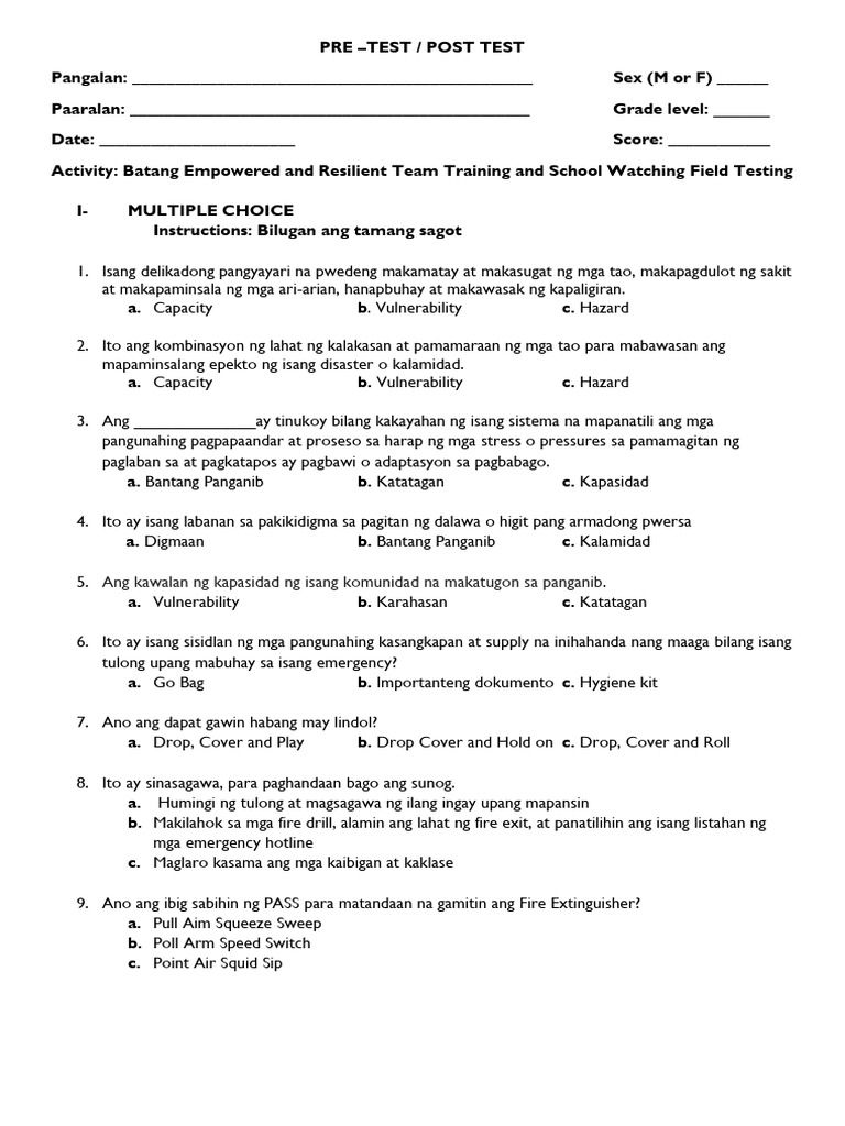 PRE POST TEST - BERT Training Filipino Version | PDF