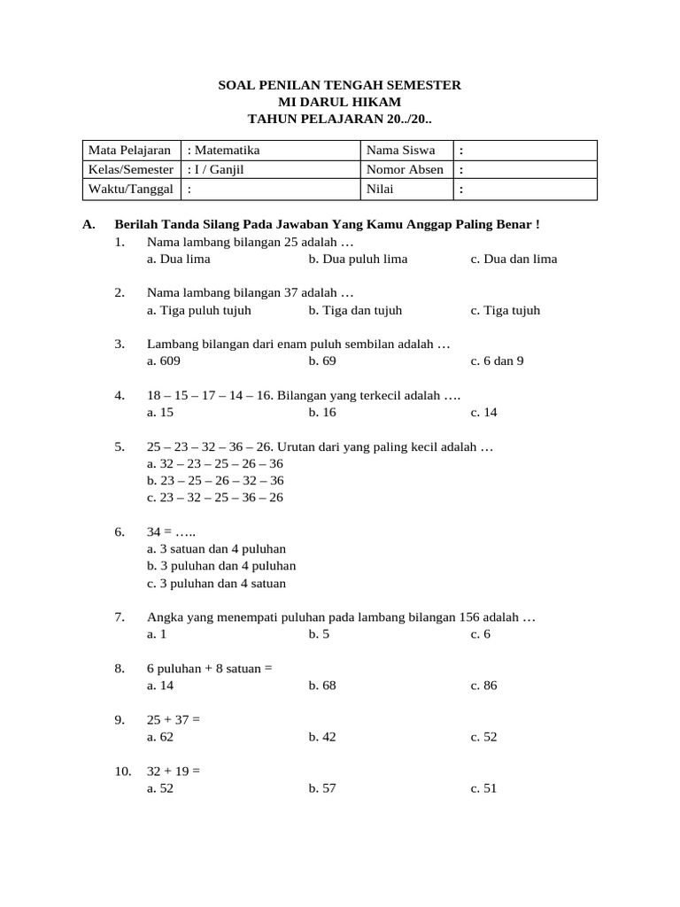 Soal PTS MTK Kelas I - WWW - Kherysuryawan.id | PDF