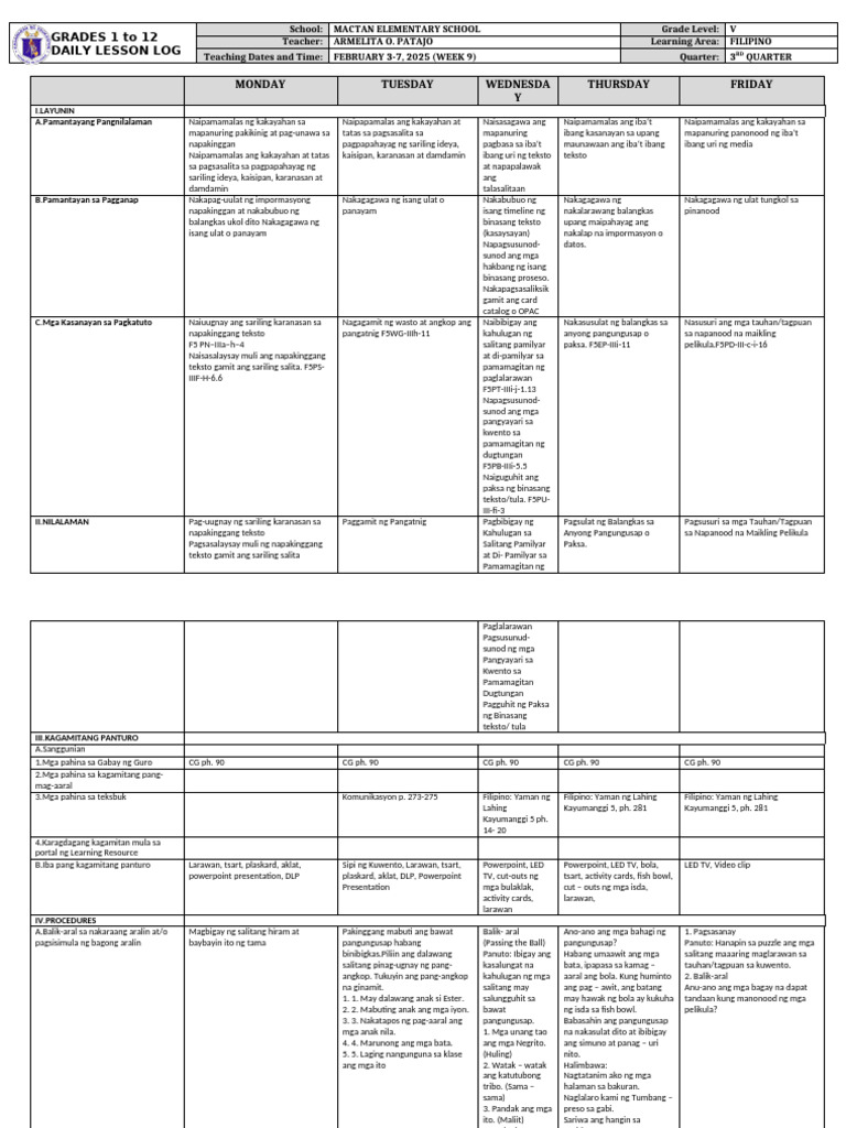 DLL_FILIPINO 5_Q3_W9 | PDF