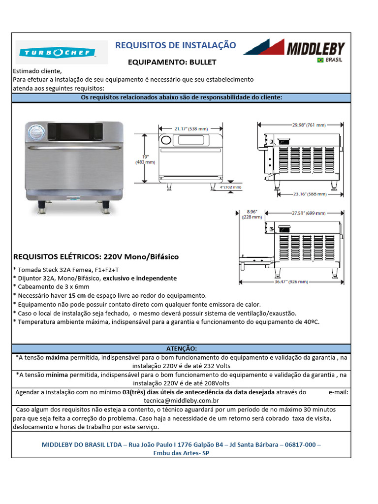 Requisitos de instalação TURBOCHEF BULLET | PDF