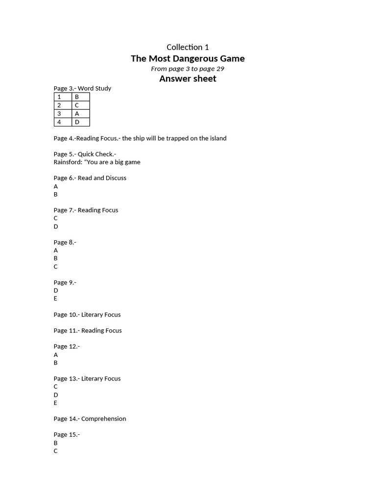 The Most Dangerous Game Answer Key | PDF