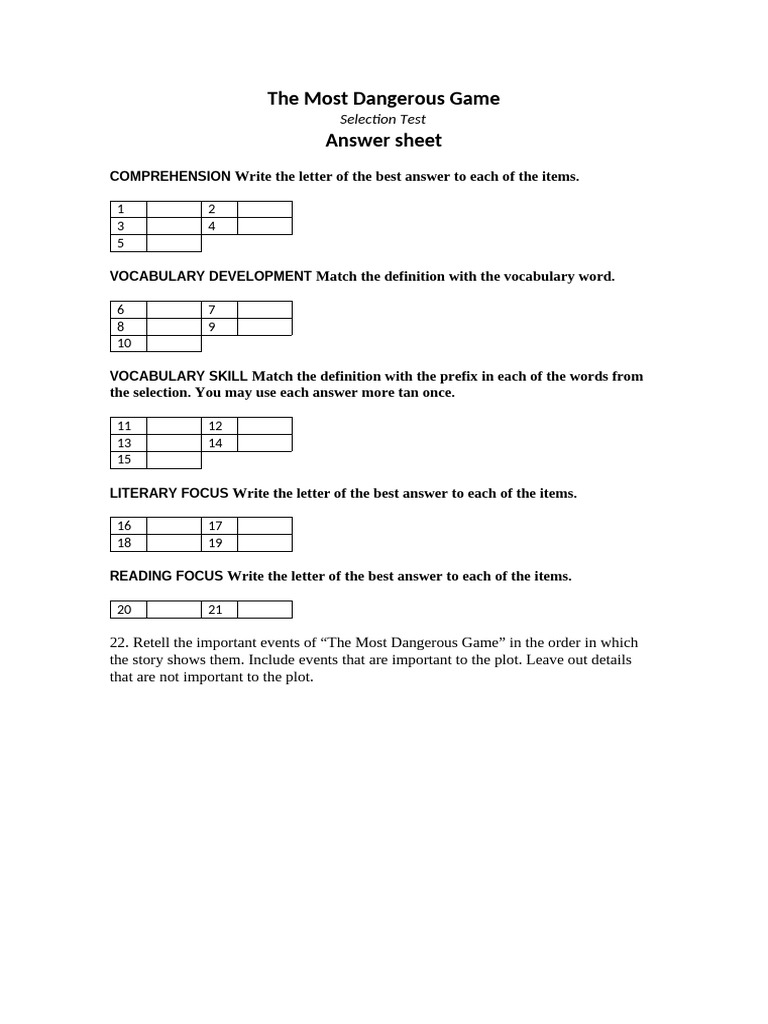 Answer Sheet For Selection Test - The Most Dangerous Game 2 | PDF