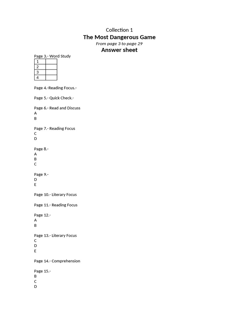 Answer Sheet For The Most Dangerous Game 2 | PDF