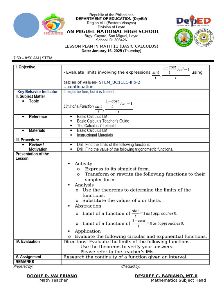 Lesson Plan in Basic Calculus Sin T Over T | PDF | Function (Mathematics) | Calculus