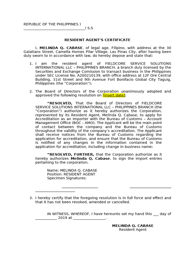 Resident Agent's Certificate for Importer Accreditation | PDF