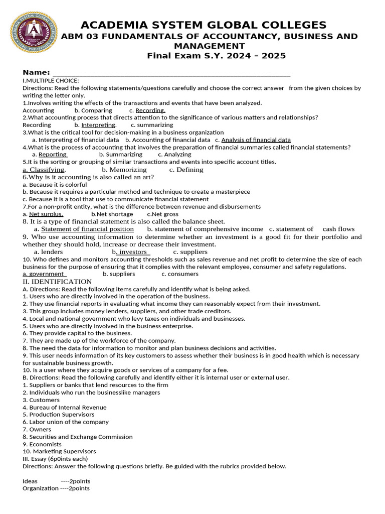 Abm 03 Prelim Tq | PDF | Accounting | Balance Sheet
