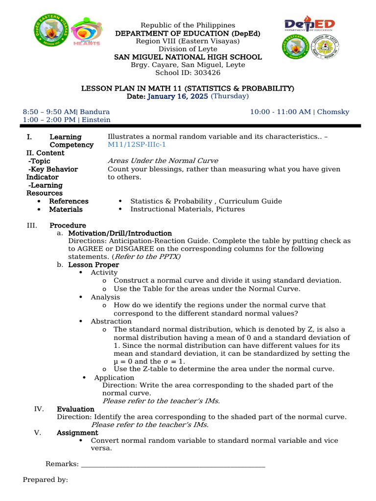 Math 11 Lesson Plan: Normal Distribution | PDF | Normal Distribution ...