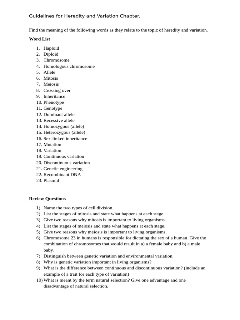 Heredity Chapter Review Questions | PDF