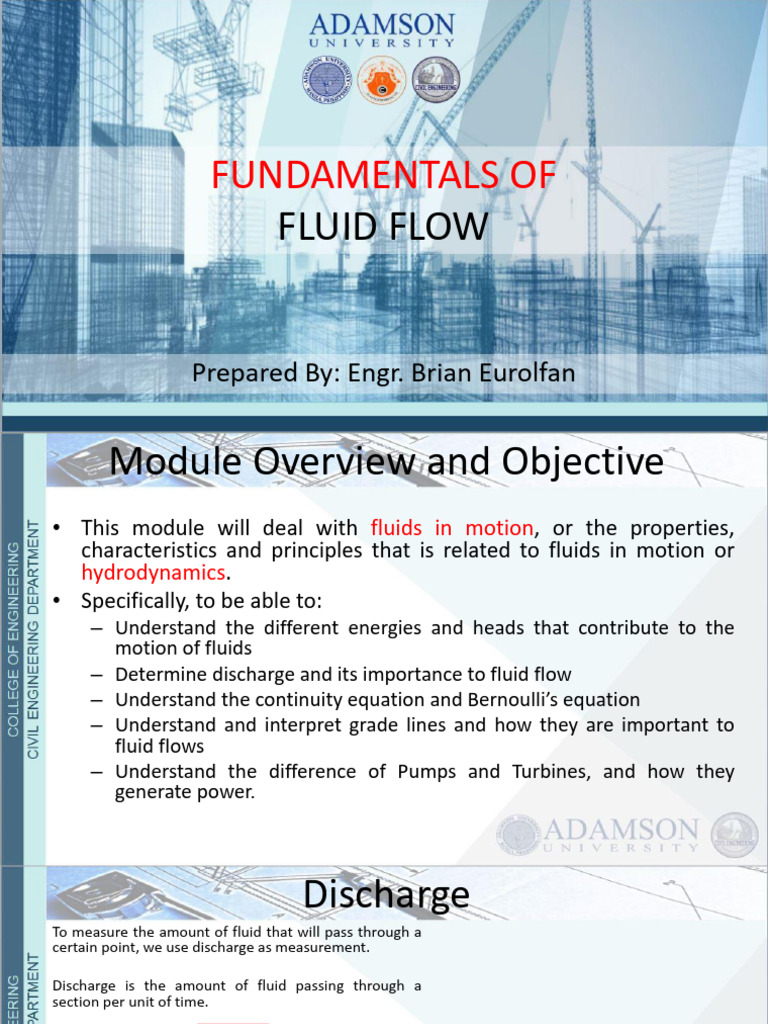 Hydraulics Lec Fundamentals of Fluid Flow 240306 | PDF | Fluid Dynamics | Classical Mechanics