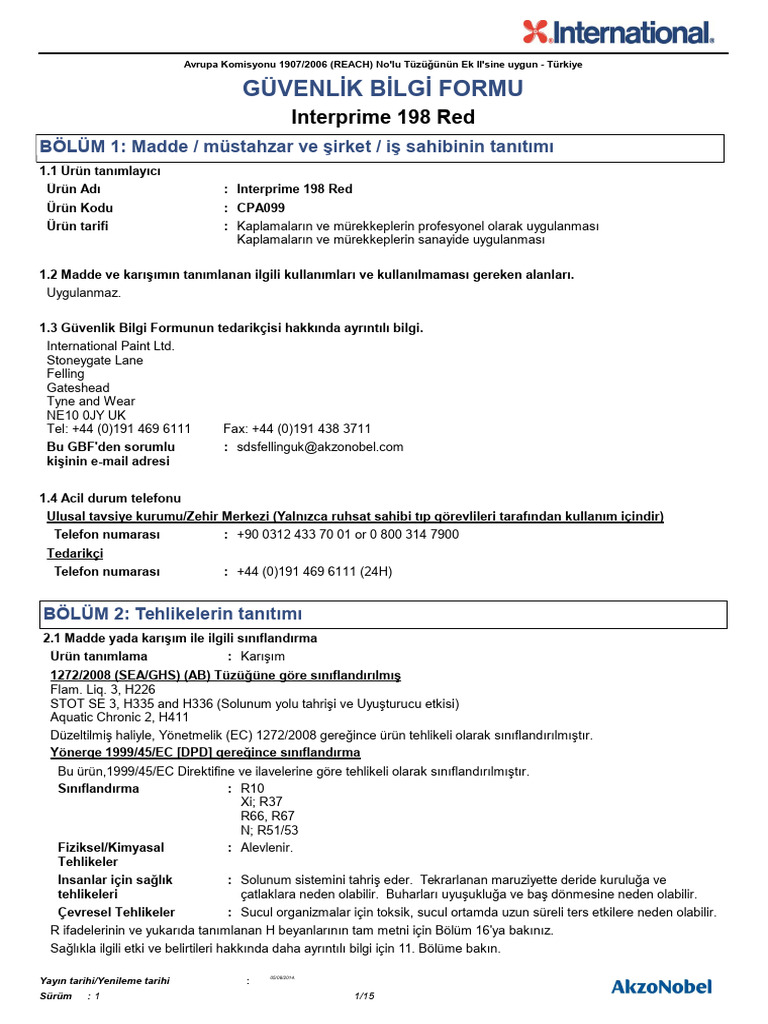 Güvenlik Bilgi Formu: Interprime 198 Red | PDF