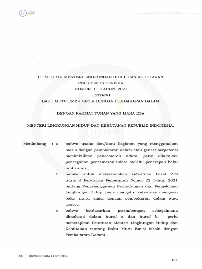 Permen LHK 11 2021 Bme Pembakaran Dalam | PDF