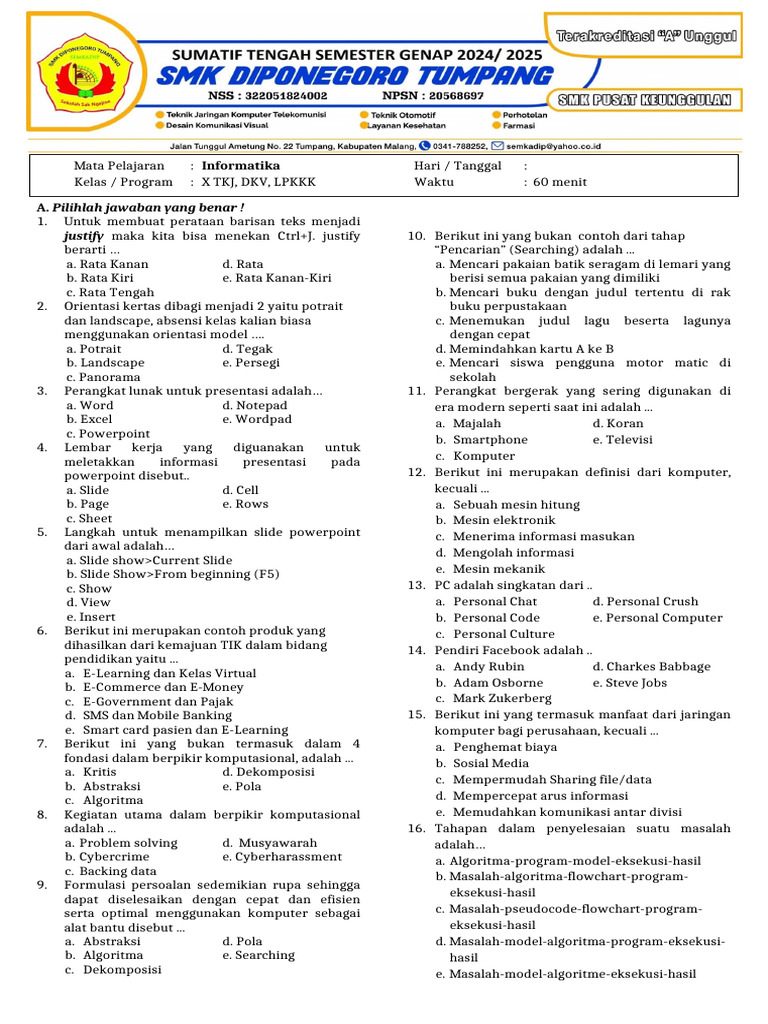 Soal Informatika STS Genap Kelas X TKJ, DKV, LPK3_2025 | PDF