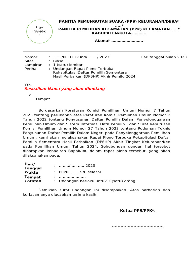 Draft Undangan DPSHP Akhir PPS - PPK - KAPUAS | PDF