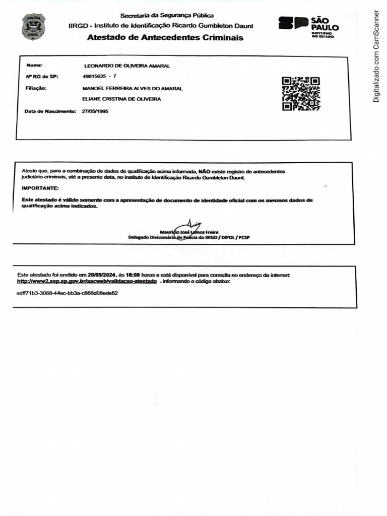 De Oliveira Amaral Leonardo Certificate Criminal Records Trans | PDF