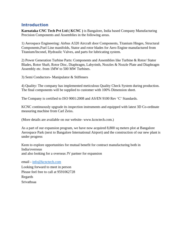 Precision CNC Manufacturing in Bangalore | PDF