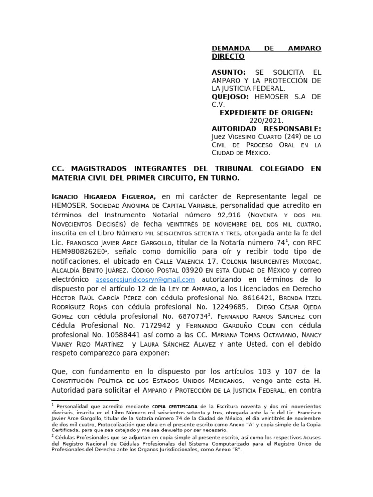 Amparo Directo de HEMOSER S.A. C.V. | PDF | Caso de ley | Judicaturas