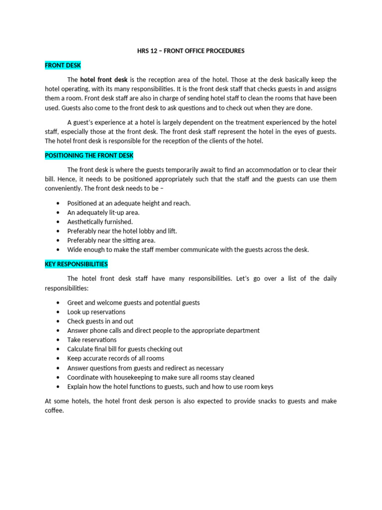 Front Desk, Key Responsibilities and Skills | PDF | Hotel