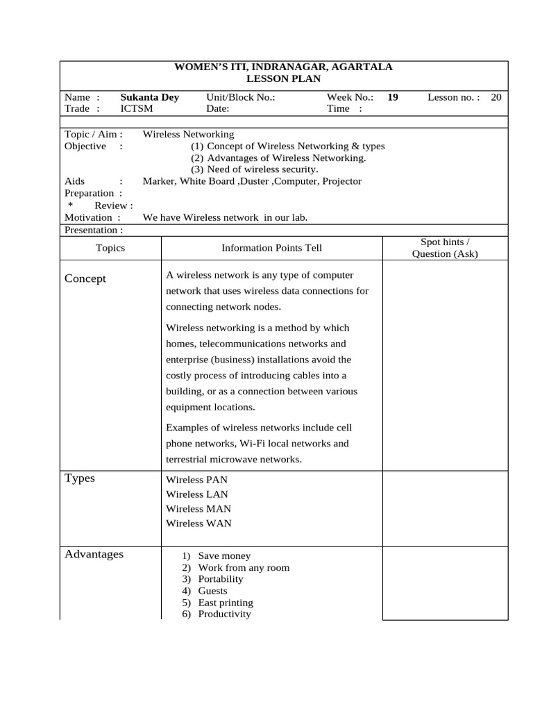 Lesson Plan | PDF | Computer Network | Wireless Network