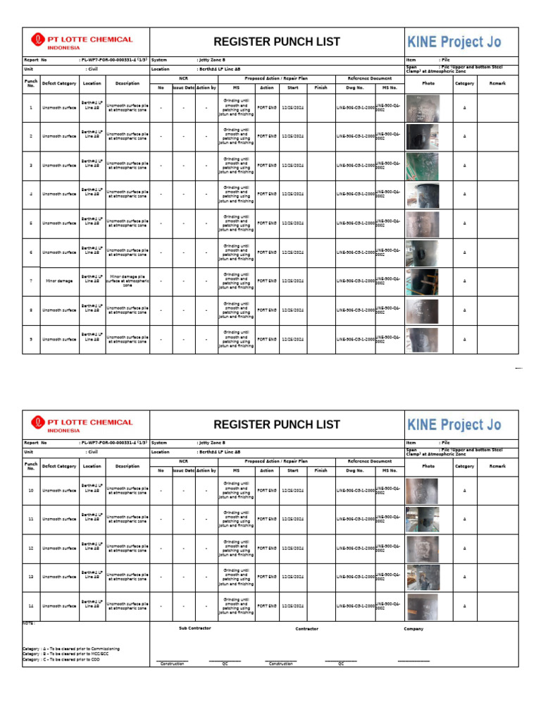 Register Punch List Berth#4 LP Line AB Bottom and Upper Clamp | PDF