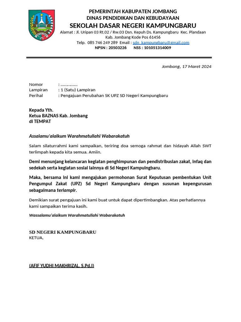 Pengajuan SK UPZ SD Kampungbaru Jombang | PDF