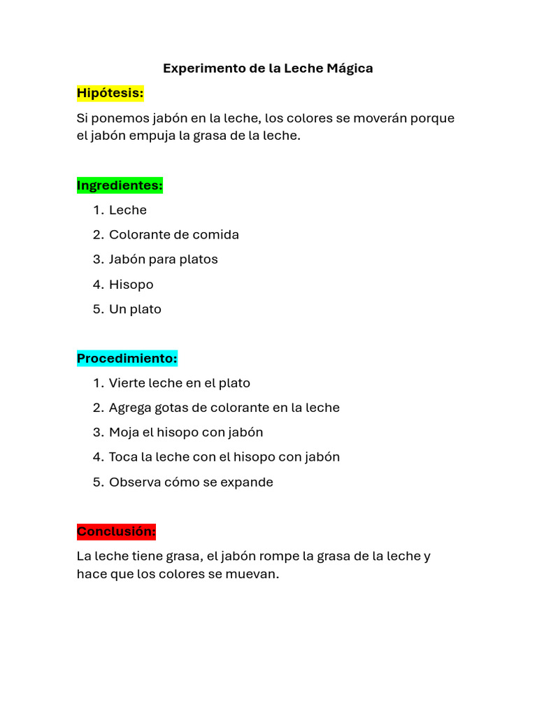 Conclusión del Experimento de Leche Mágica | PDF