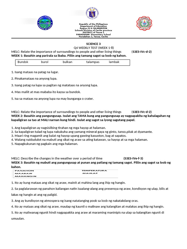 Science Q4 Weekly Test W1-8 | PDF
