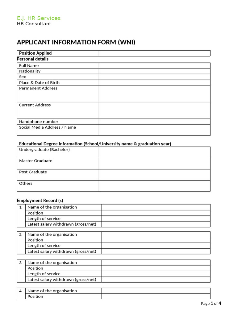 Applicant Information Form - Wni | PDF
