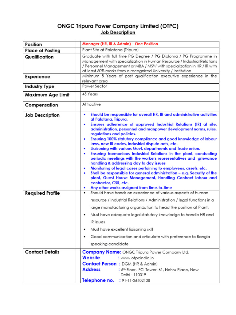 JD-Manager (HR, IR&Admin) OTPC | PDF | Human Resource Management ...