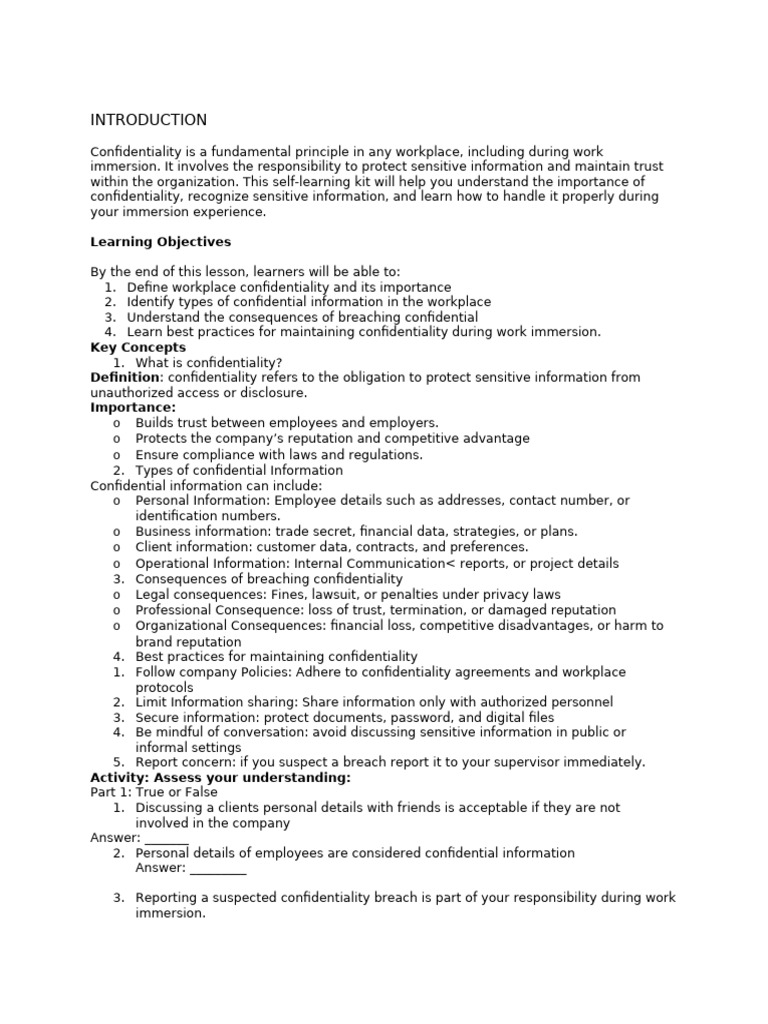 WORK IMMERSION SELF LEARNING KIT | PDF | Information Sensitivity ...