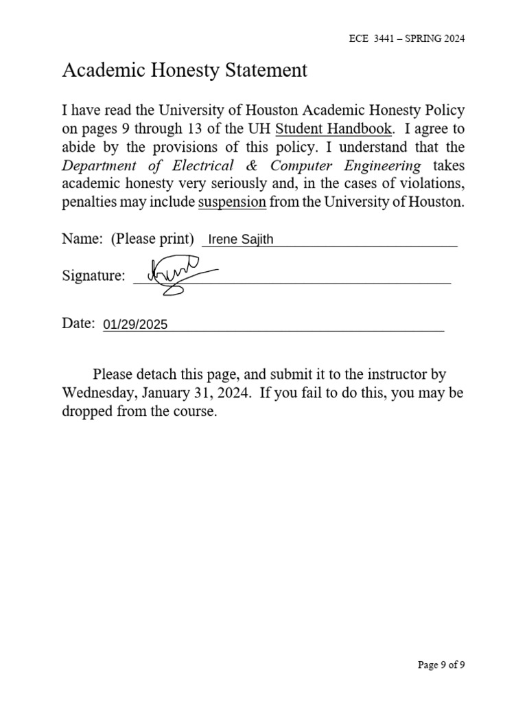 ECE 3441 Academic Honesty Pledge | PDF